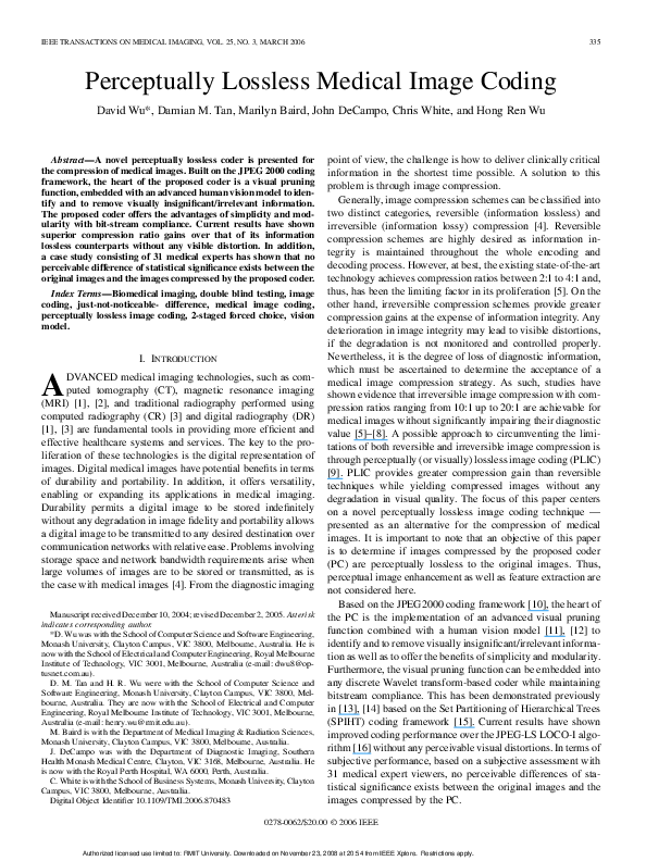 (PDF) Perceptually lossless medical image coding