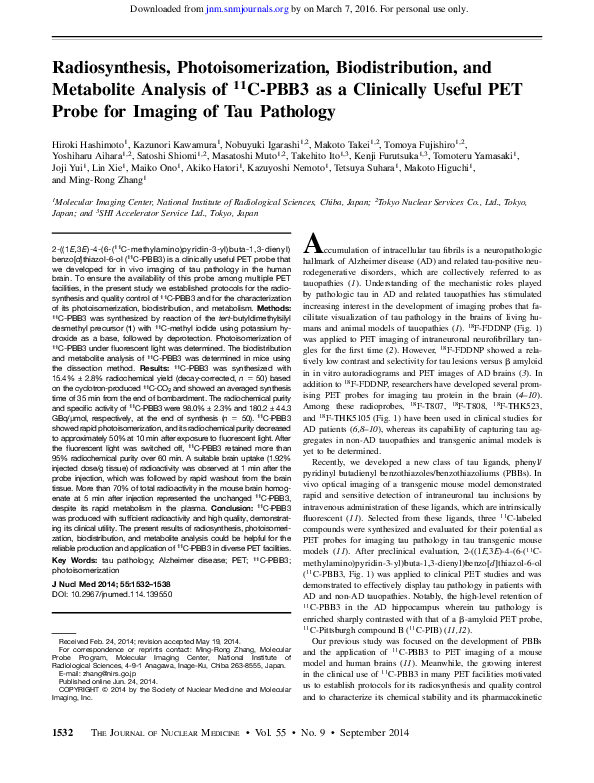 (PDF) Radiosynthesis, photoisomerization, biodistribution, and metabolite analysis of 11C-PBB3 ...
