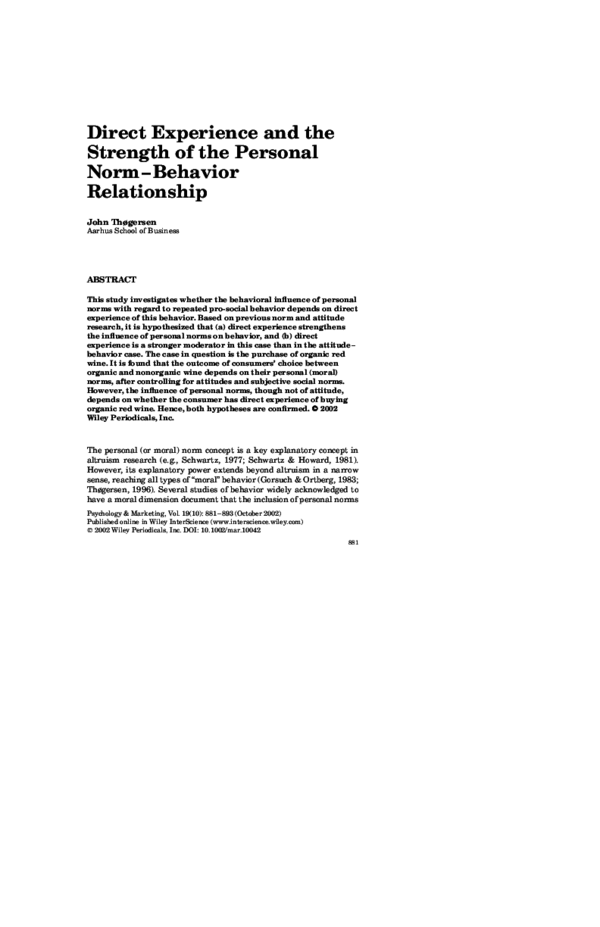 (PDF) Direct experience and the strength of the personal norm–behavior ...