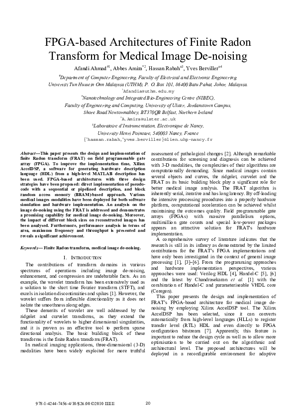 (PDF) FPGA-based architectures of finite radon transform for medical image de-noising