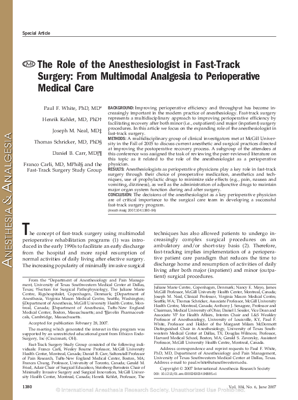 (PDF) The Role of the Anesthesiologist in Fast-Track Surgery: From ...