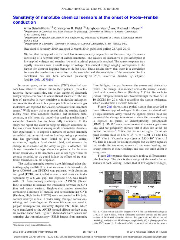 (PDF) Sensitivity of nanotube chemical sensors at the onset of Poole ...