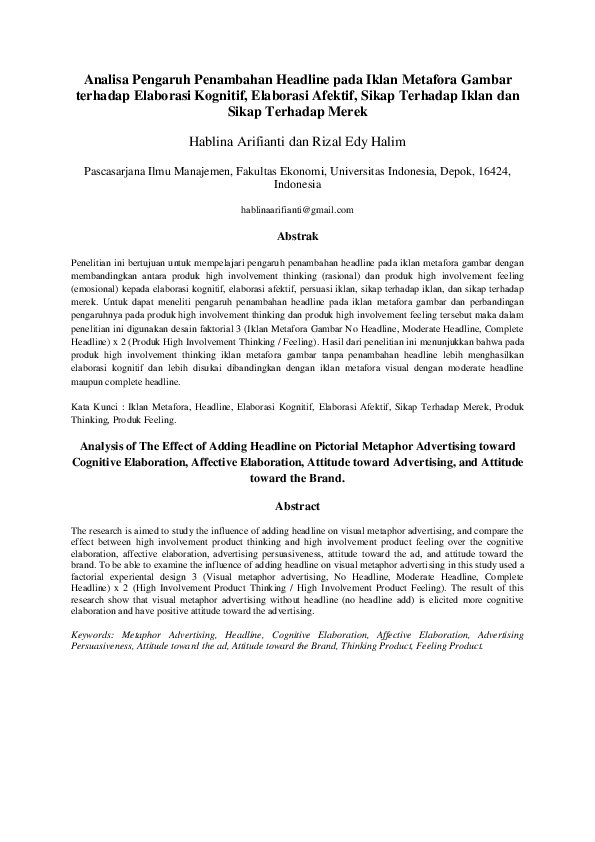 (PDF) Analisa Pengaruh Penambahan Headline pada Iklan Metafora Gambar ...