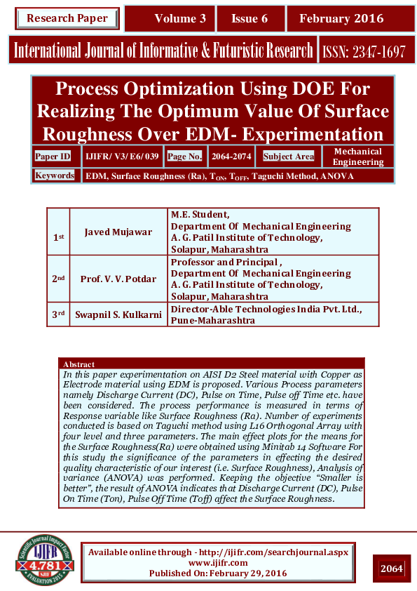 Pdf Process Optimization Using Doe For Realizing The Optimum Value Of Surface Roughness Over