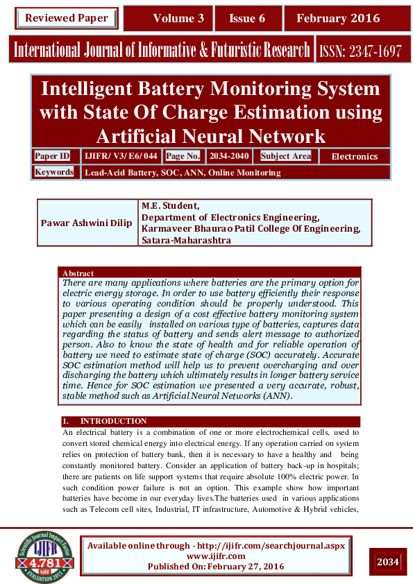 (PDF) Intelligent Battery Monitoring System with State Of Charge Estimation using Artificial ...