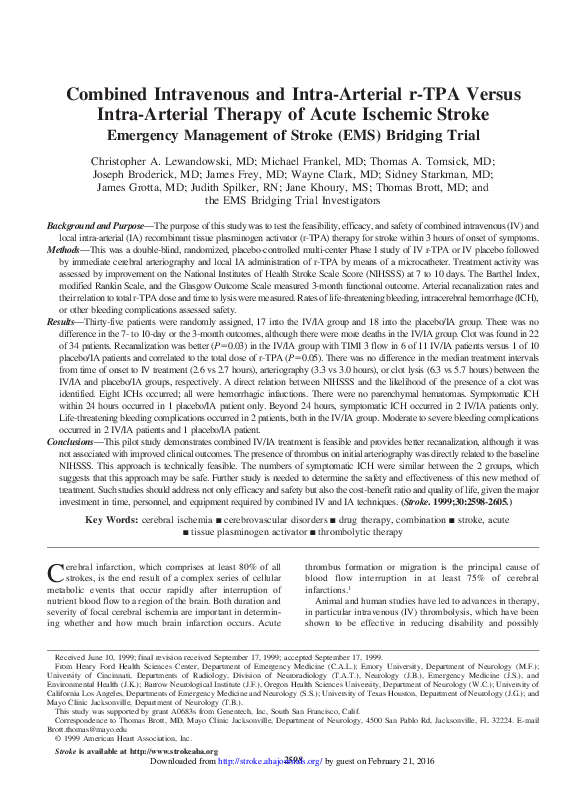 (PDF) Combined Intravenous and Intra-Arterial r-TPA Versus Intra-Arterial Therapy of Acute ...