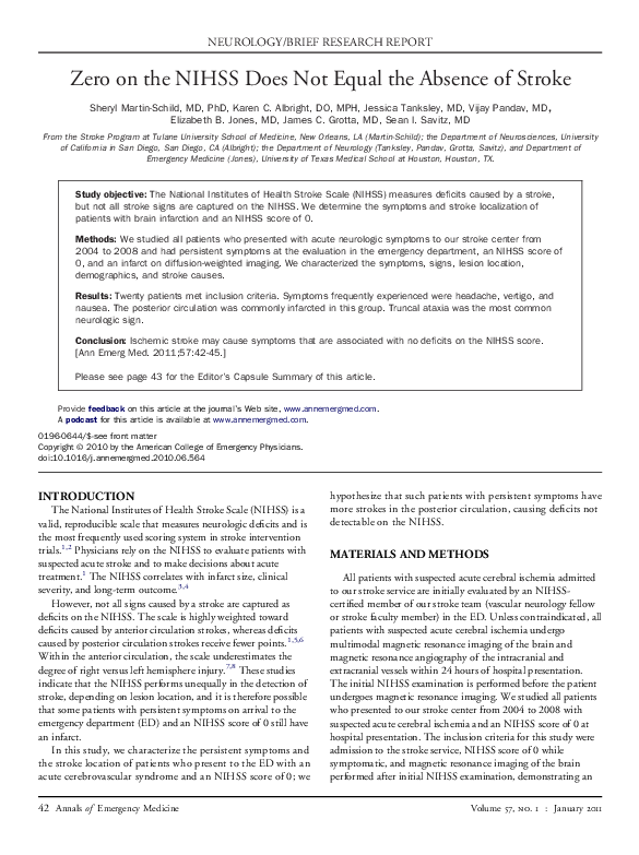 (PDF) Zero on the NIHSS Does Not Equal the Absence of Stroke