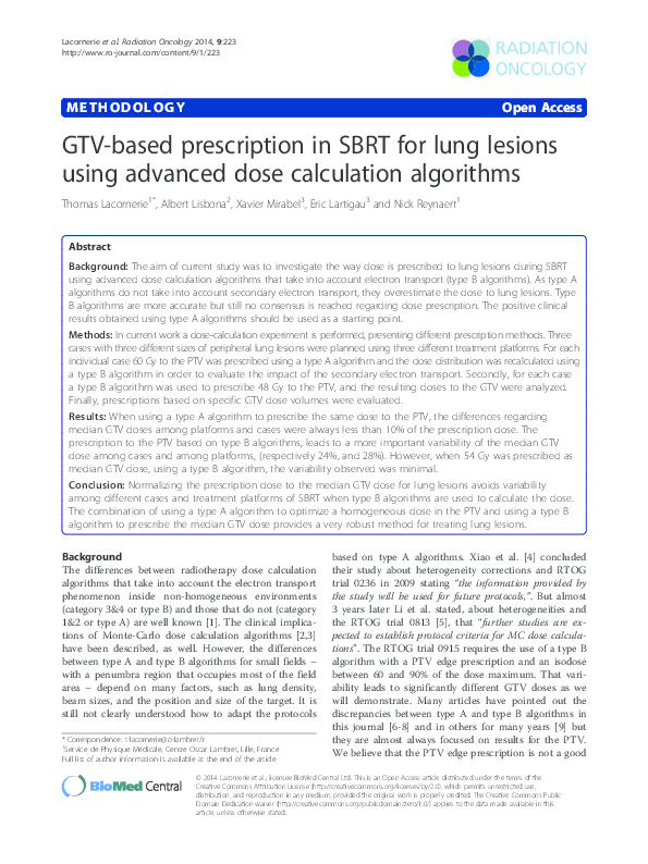 (PDF) GTV-based prescription in SBRT for lung lesions using advanced dose calculation algorithms