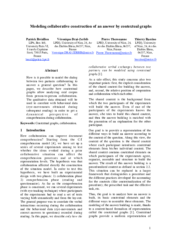 Pdf Modeling Collaborative Construction Of An Answer By Contextual Graphs