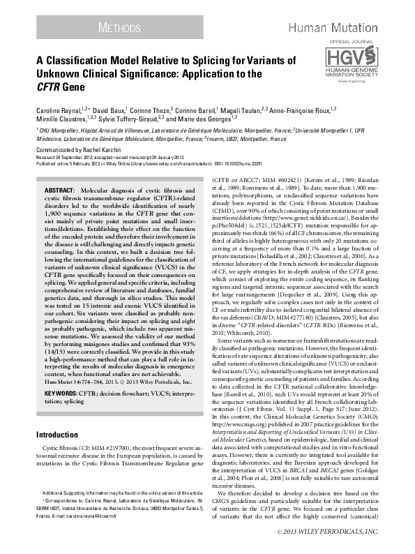 (PDF) A Classification Model Relative to Splicing for Variants of Unknown Clinical Significance ...