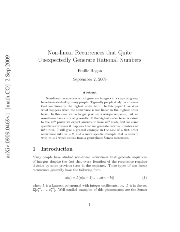 Pdf Non Linear Recurrences That Quite Unexpectedly Generate Rational Numbers