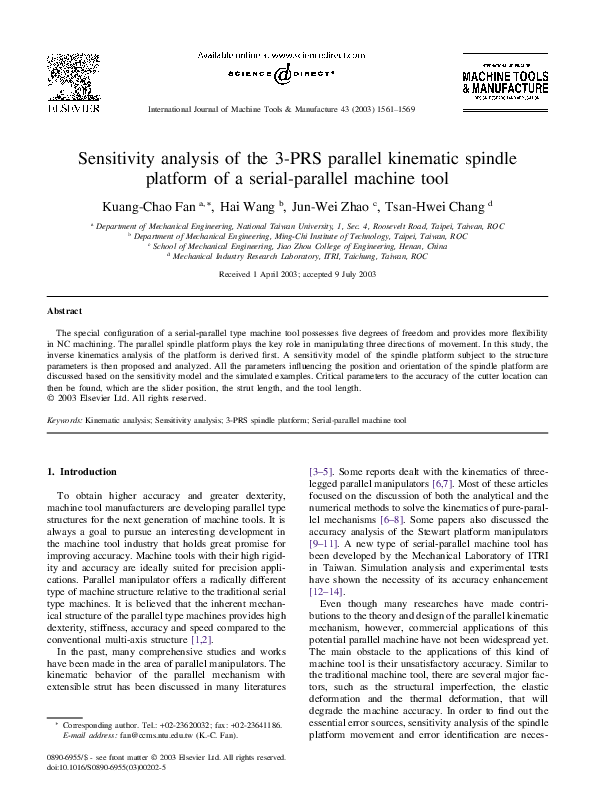 Pdf Sensitivity Analysis Of The 3 Prs Parallel Kinematic Spindle Platform Of A Serial Parallel