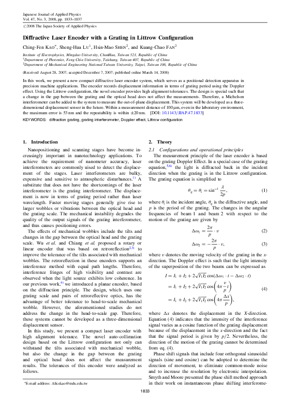 Pdf Diffractive Laser Encoder With A Grating In Littrow Configuration