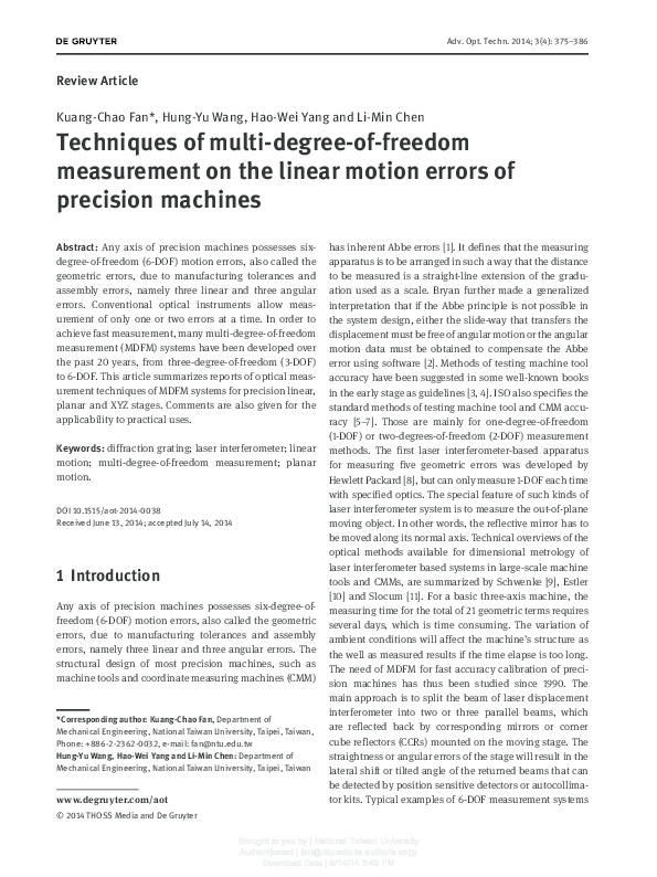 Pdf Techniques Of Multi Degree Of Freedom Measurement On The Linear Motion Errors Of Precision