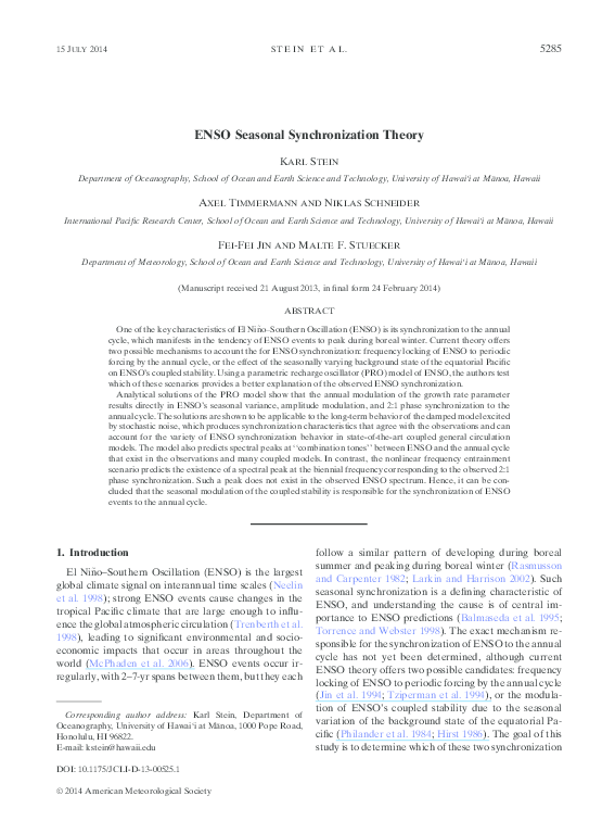 (PDF) ENSO seasonal synchronization theory