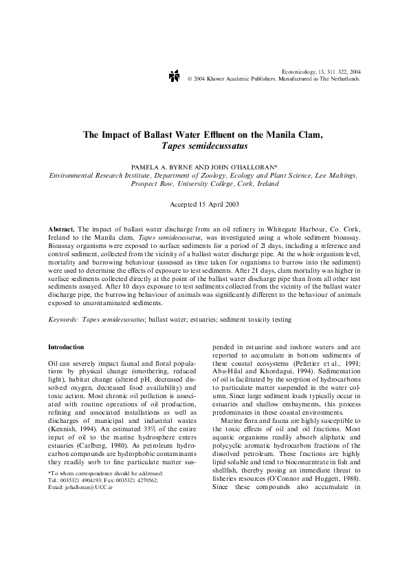 (PDF) The Impact of Ballast Water Effluent on the Manila Clam, Tapes ...