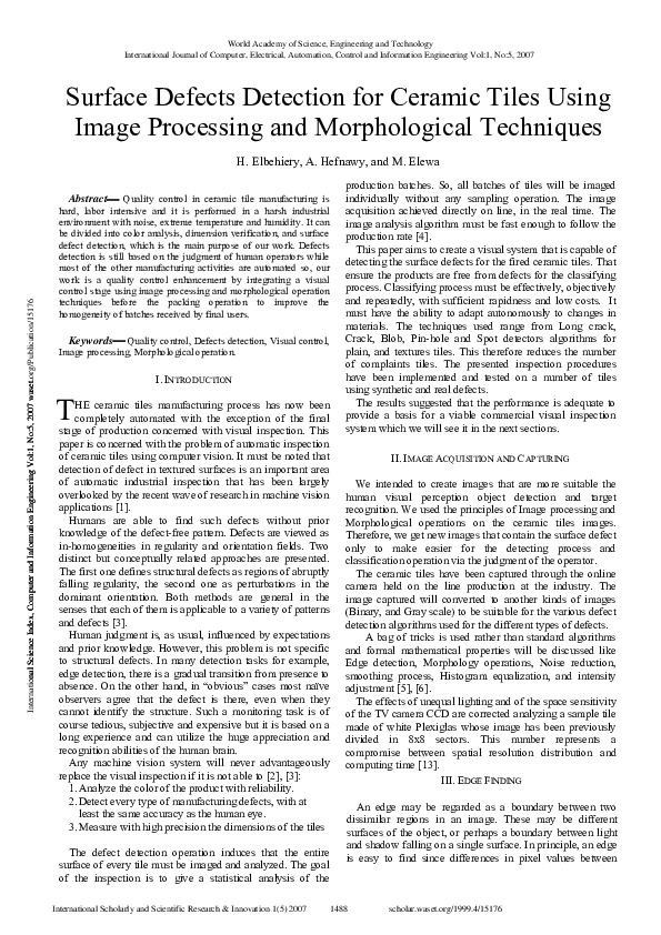 (PDF) Surface Defects Detection for Ceramic Tiles Using Image Processing and Morphological ...