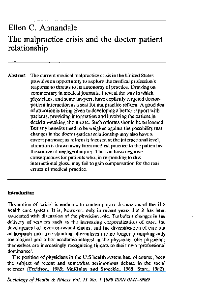 (PDF) The malpractice crisis and the doctor-patient relationship