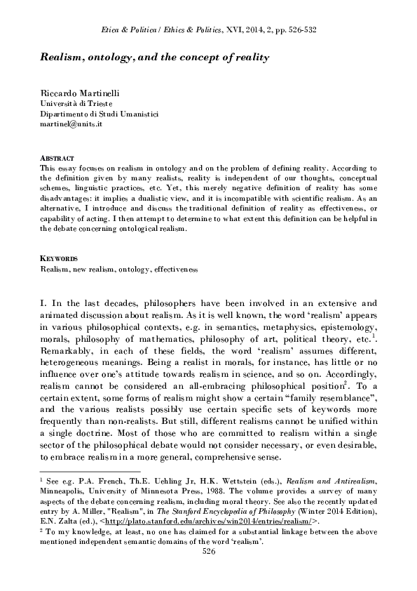 (PDF) Realism, ontology, and the concept of reality