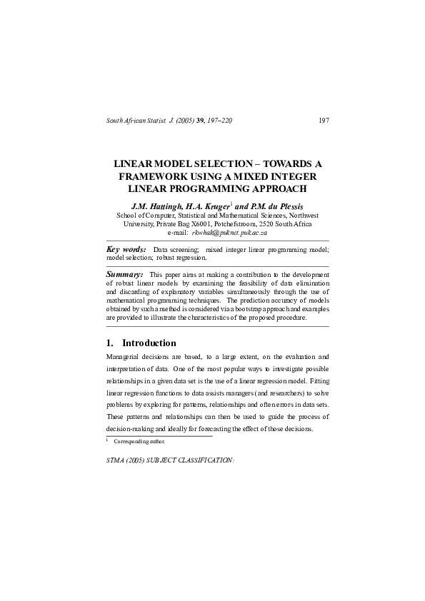 Pdf Linear Model Selection Towards A Framework Using A Mixed Integer Linear Programming Approach