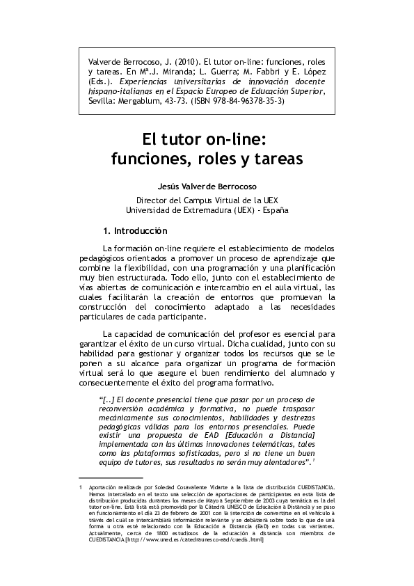 (PDF) El tutor on-line: funciones, roles y tareas