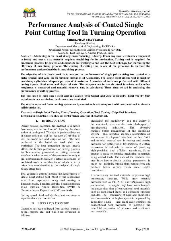 Pdf Performance Analysis Of Coated Single Point Cutting Tool In Turning Operation