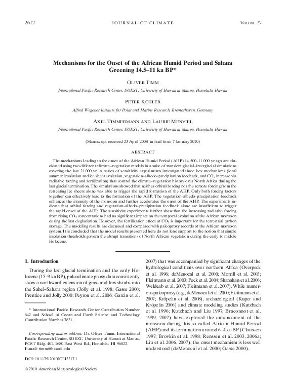 (PDF) Mechanisms for the Onset of the African Humid Period and Sahara ...