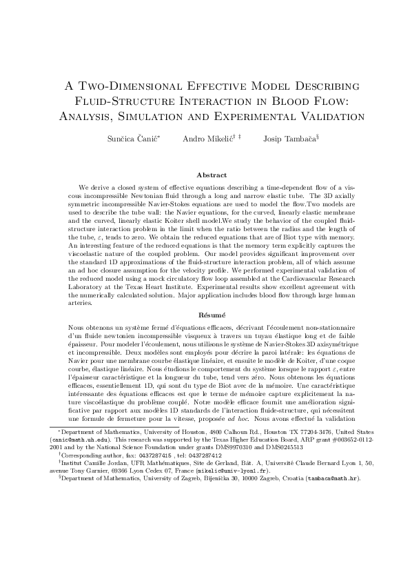 (PDF) A two-dimensional effective model describing fluid–structure interaction in blood flow ...