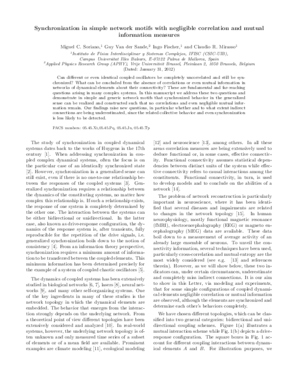 Pdf Synchronization In Simple Network Motifs With Negligible Correlation And Mutual