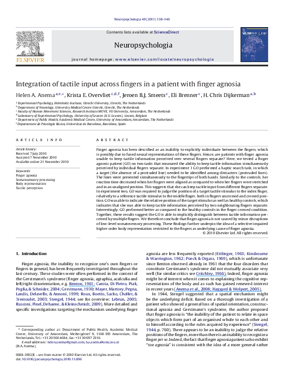 (PDF) Integration of tactile input across fingers in a patient with ...