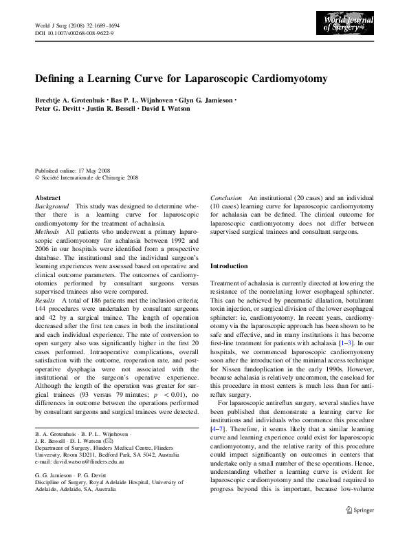 (PDF) Defining a learning curve for laparoscopic cardiomyotomy
