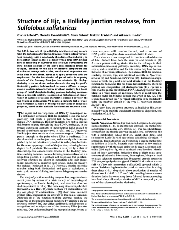 (PDF) Structure of Hjc, a Holliday junction resolvase, from Sulfolobus ...