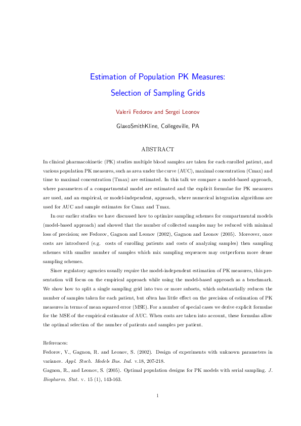 (PDF) Estimation of Population PK Measures: Selection of Sampling Grids