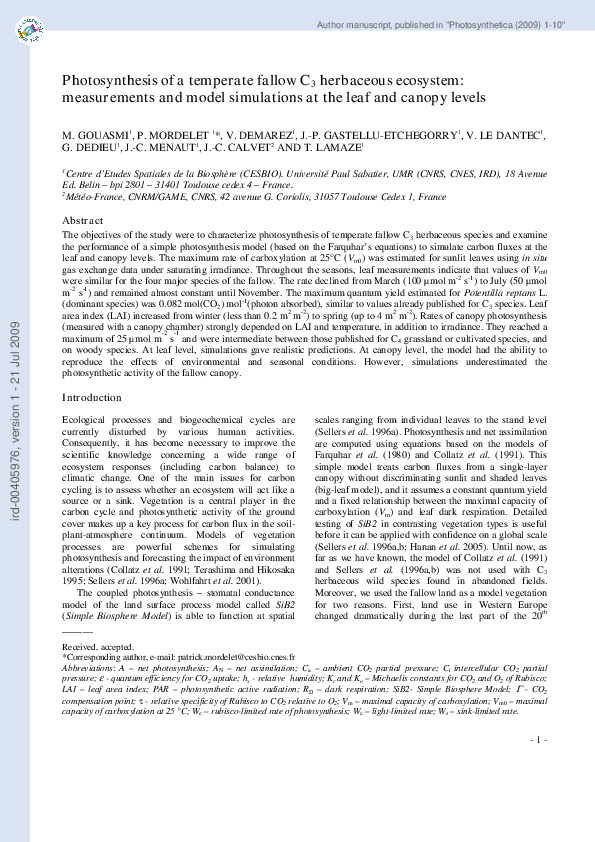 (PDF) Photosynthesis of a temperate fallow C3 herbaceous ecosystem ...