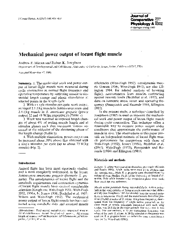 (PDF) Mechanical power output of locust flight muscle