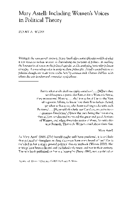 (PDF) Mary Astell: Including Women's Voices in Political Theory