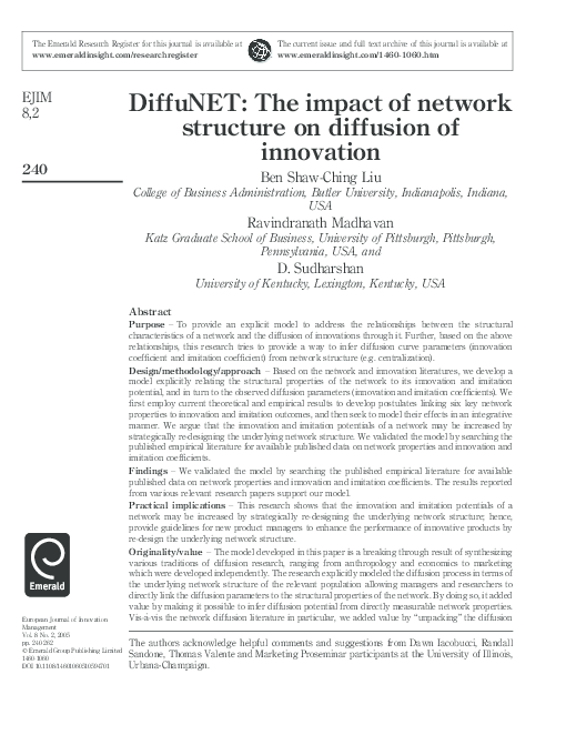 (PDF) DiffuNET: The impact of network structure on diffusion of innovation