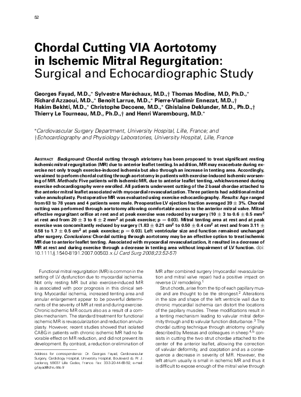 (PDF) Chordal Cutting VIA Aortotomy in Ischemic Mitral Regurgitation ...