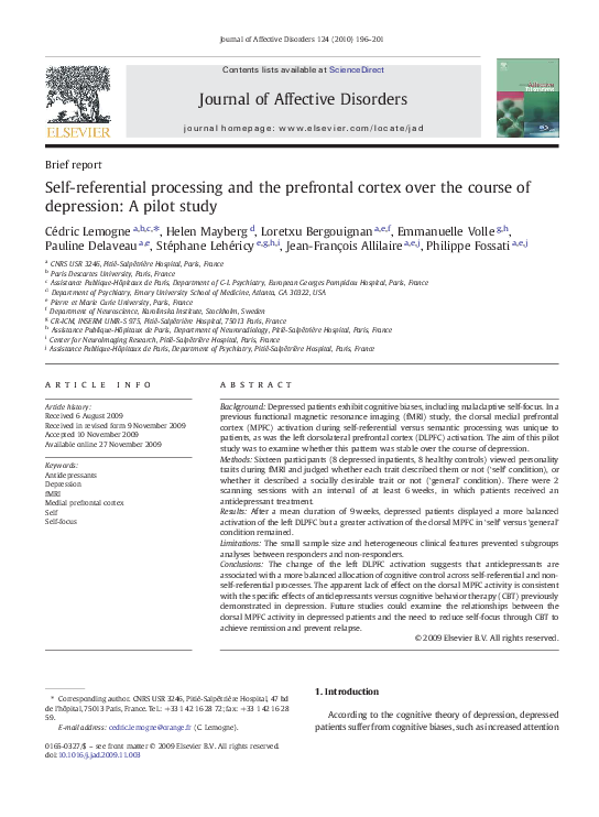 Pdf Self Referential Processing And The Prefrontal Cortex Over The Course Of Depression A