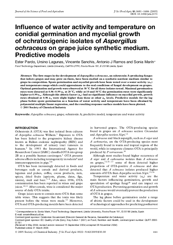 (PDF) Influence of water activity and temperature on the growth of ...