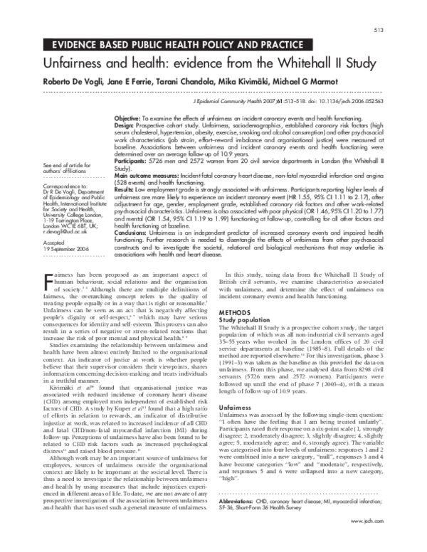 (PDF) Unfairness and health: evidence from the Whitehall II Study
