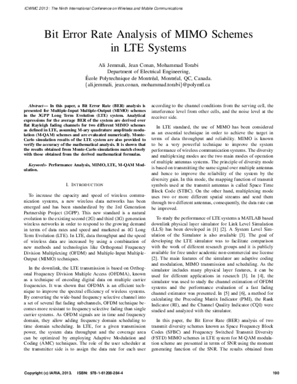 Pdf Bit Error Rate Analysis Of Mimo Schemes In Lte Systems