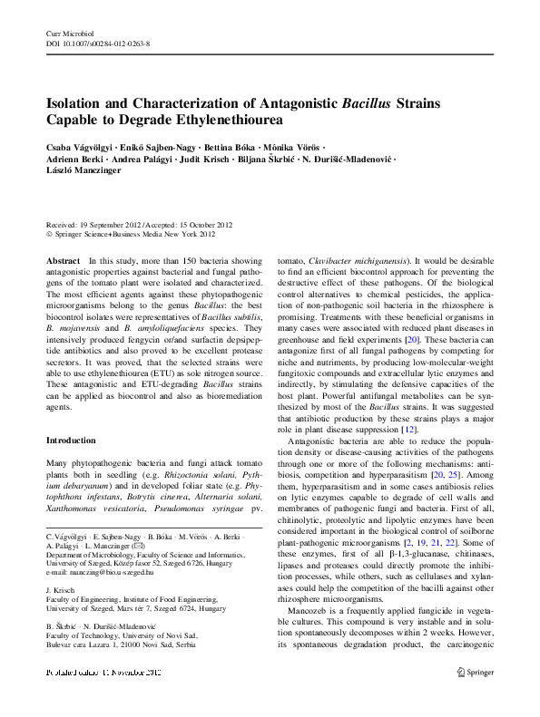 (PDF) Isolation and Characterization of Antagonistic Bacillus Strains Capable to Degrade ...