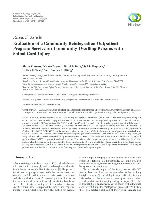 (PDF) Evaluation of a Community Reintegration Outpatient Program Service for Community-Dwelling ...