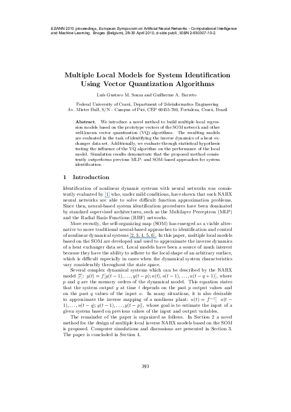 Pdf Multiple Local Models For System Identification Using Vector Quantization Algorithms
