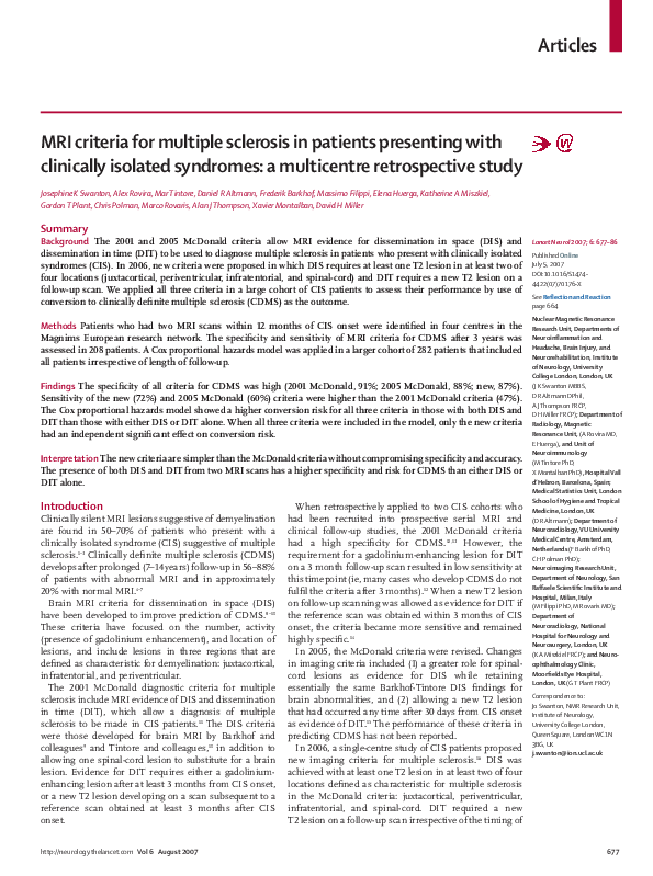 (PDF) MRI criteria for multiple sclerosis in patients presenting with clinically isolated ...