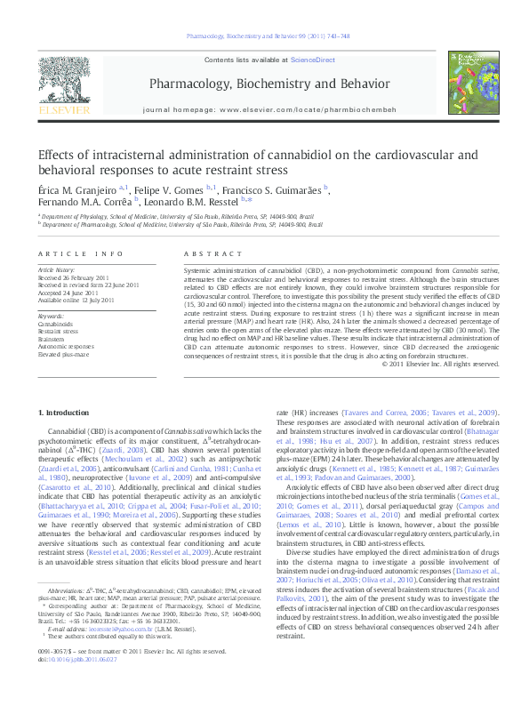 (PDF) Effects of intracisternal administration of cannabidiol on the ...