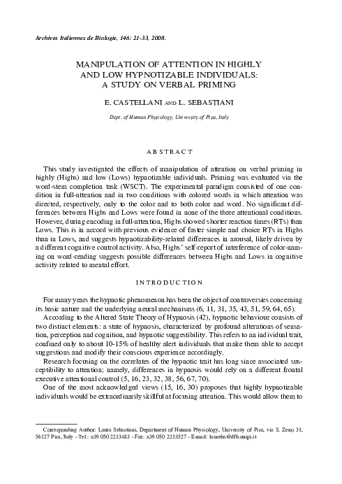 (PDF) Manipulation of attention in highly and low hypnotizable ...