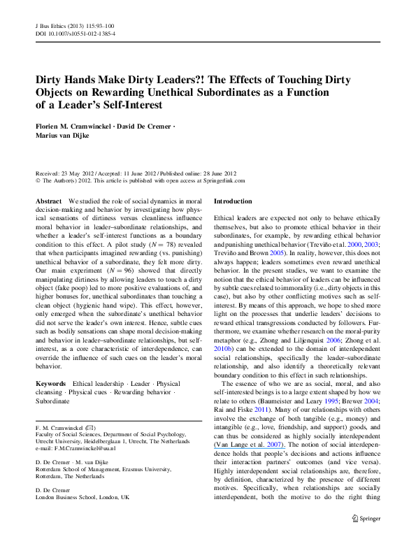 (PDF) Dirty Hands Make Dirty Leaders?! The Effects of Touching Dirty ...