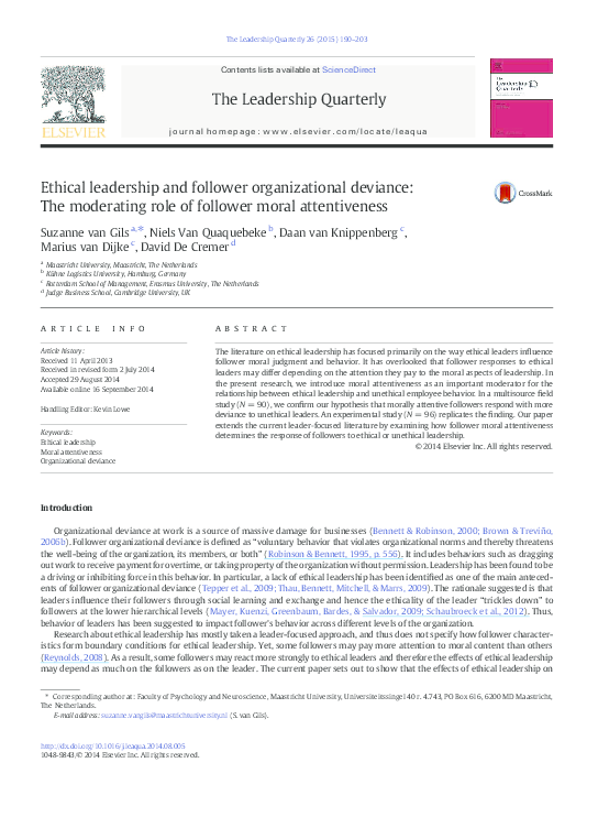 (PDF) Ethical leadership and follower organizational deviance: The moderating role of follower ...